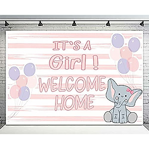 It’s A Girl Welcome Home Cute Cartoon Elephant Banner Animal Theme Supplies Decorations Decor for Girl Princess Wild One Baby Shower Safari 1st Birthday Party Photo Booth Props Backdrop Background