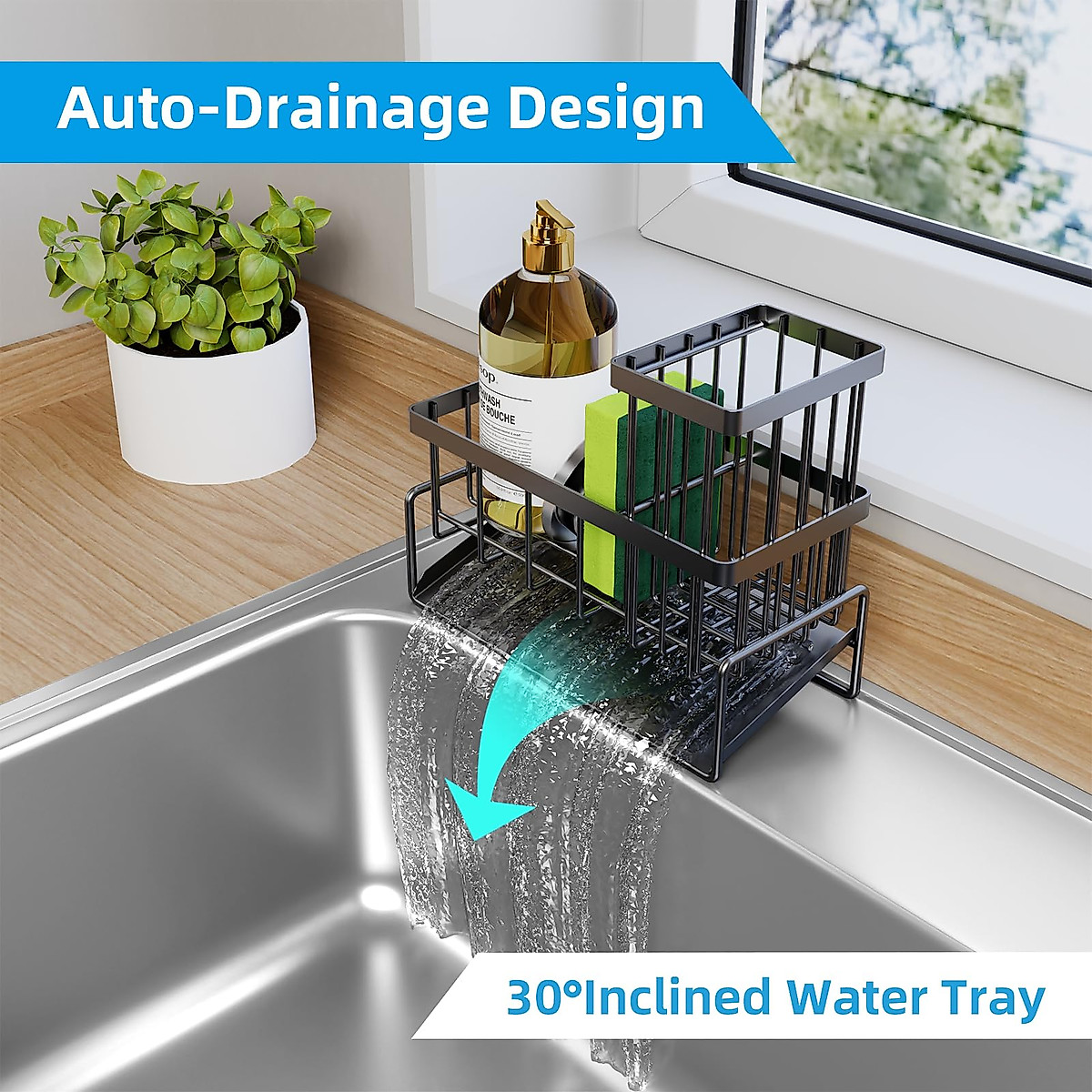 Sponge Holder for Kitchen Sink - Rustproof Sink Caddy with Brush Holder, Self-Drainage Kitchen Sink Organizers and Storage Dish Soap Dispenser Home Essentials Organization Accessories, Black