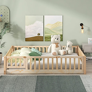 LLS Full Floor Bed for Children, Durable Montessori Floor Bed with Wood Slats, Safety Fence & Small Door, Wood Floor Bed Frame for Girls Boys and Children, Natural (with Bed Slats)
