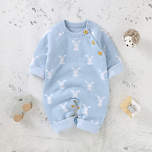DuAnyozu Baby Girl Boy Easter Outfit Bunny Onesie Knitted Sweater Romper Long Sleeve Jumpsuit Cute Rabbit Clothes (A Bunny Onesie-Blue,3-6 Months)