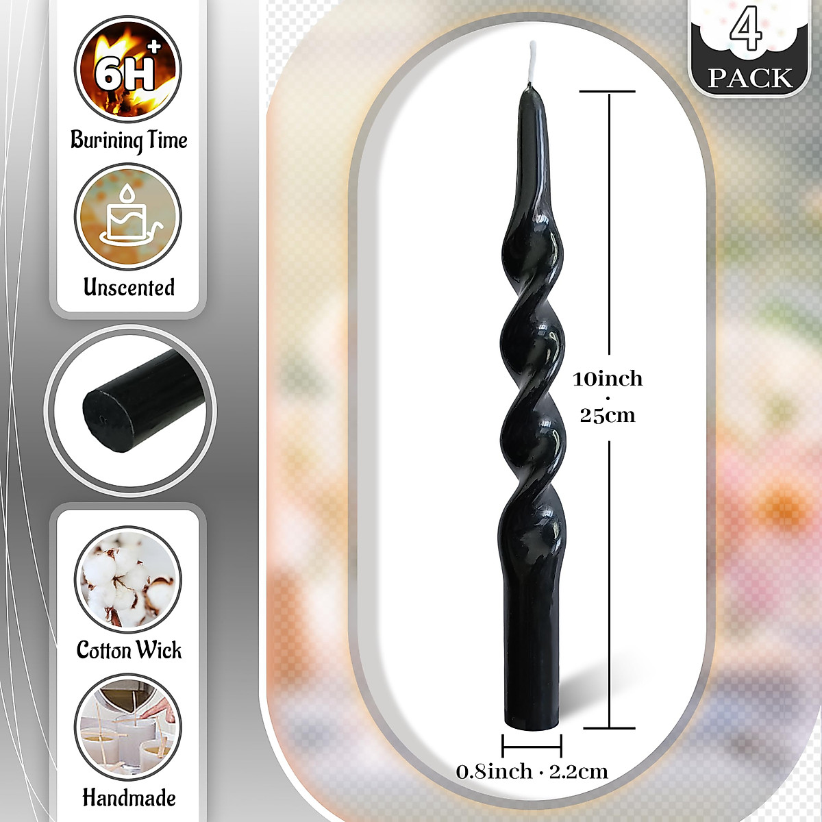 Dripless Taper Candles Spiral 10 Inch Candles Unscented Black Twisted Candles Handmade Tapered Candles Unique Design 4 PCS for Table Home Decoration Holiday Wedding