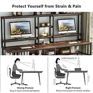 Tribesigns 94.5 inch Two Person Desk with Hutch, Double Workstation Computer Desk with Storage Shelves, Large Industrial Office Desk Study Writing Table with Bookshelf for Home Office, Rustic Brown