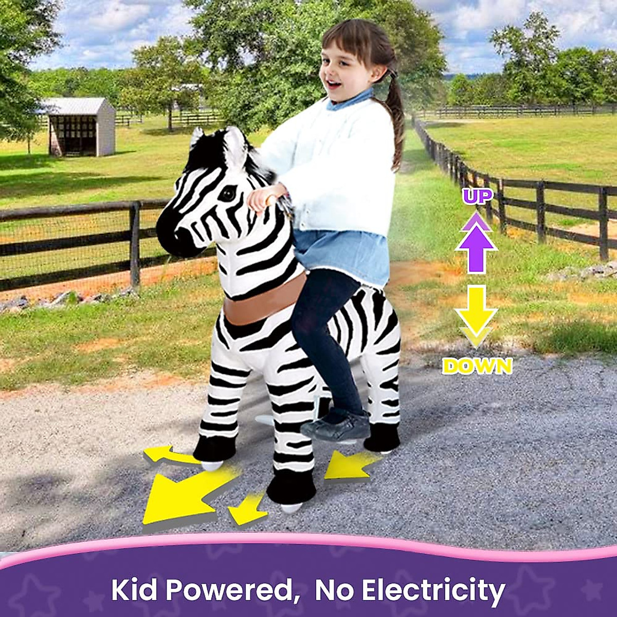 PonyCycle Zebra Kids Ride on Toys Kids Scooters Classic Model U (with Brake/ 36" Height/Size 4 for Age 4-8) Pony Cycle Ride on Zebra Plush Toy Stuffed Animal Toy Model Ux468