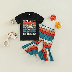 HnuanLui Toddler Baby Girl Bell Bottom Outfit YEP I TALK TO CHICKENS Letter Print T Shirt Rainbow Flare Pants Farmer Clothes (I talk to chickens, 3-4 Years)