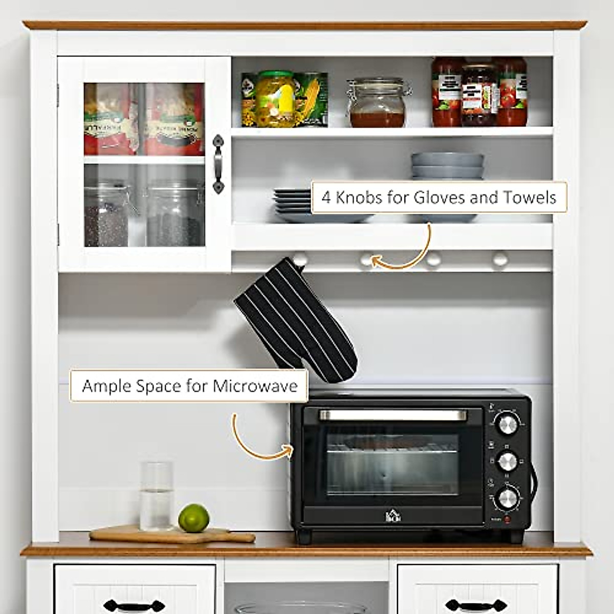 HOMCOM 71" Kitchen Buffet with Hutch, Farmhouse Style Storage Pantry with 2 Drawers, 3 Door Cabinets and 3 Shelves, White