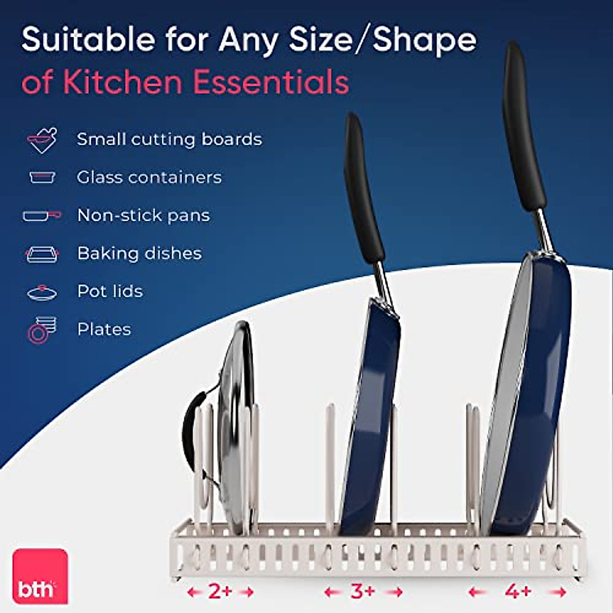 Anti-Scratch Adjustable Compartments by BTH Expandable Pot and Pan Organizer Rack for Cabinet – Heavy Duty Pot Lid Organizer for Kitchen Cabinet Under Sink Drawer Pantry (SMALL 5.5"W (WHITE SAND))