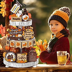 Set of 15 Fall Tiered Tray Decor Pumpkins Farmhouse Decor Autumn Maple Leaf Table Centerpieces Thanksgiving Harvest Wood Blocks Signs for Home Decor(Elegant Style)