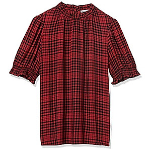 Amazon Essentials Women's Fluid Twill Short Puff Sleeve Smock Detail Shirt, Red/Black, Medium Plaid, XX-Large