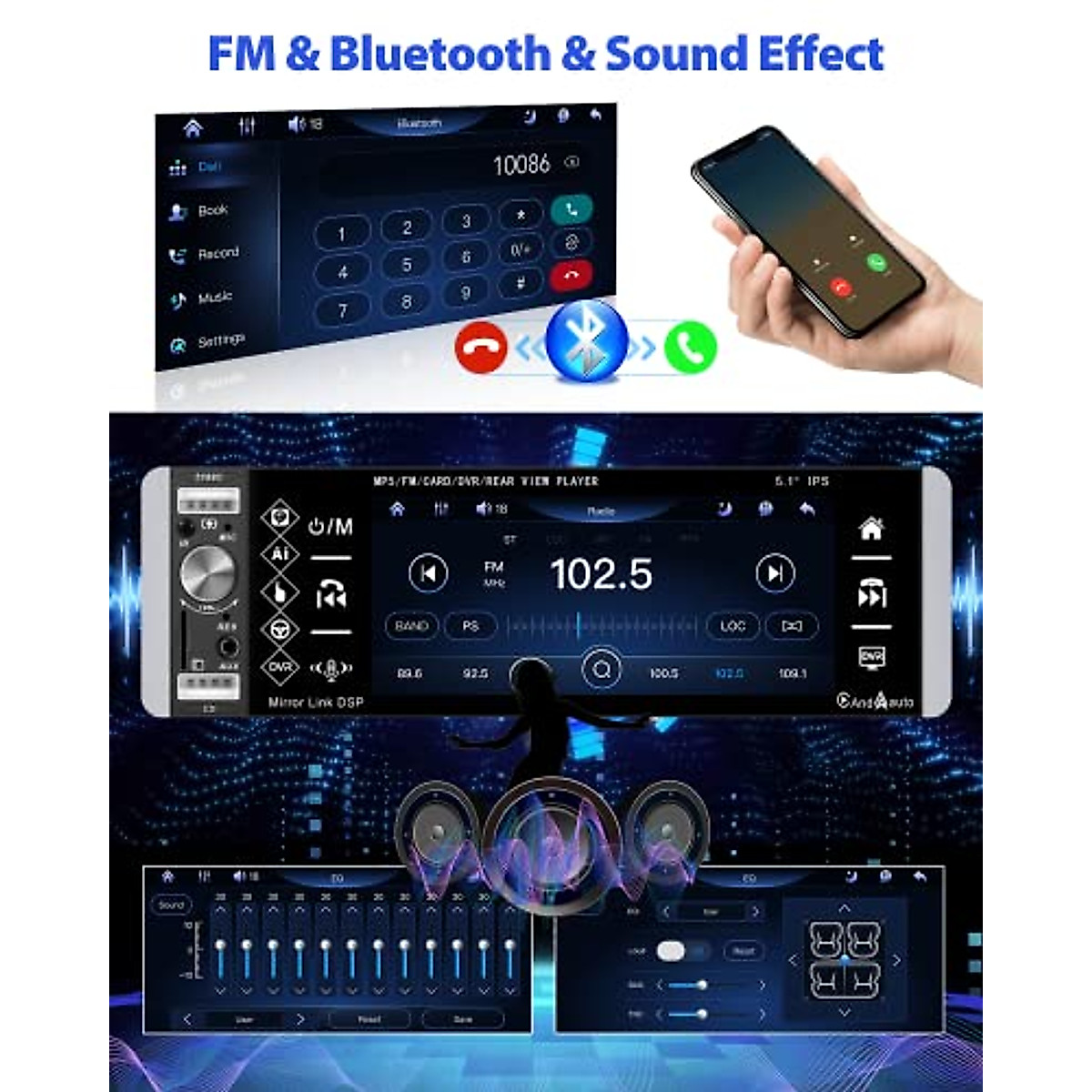 Single Din Car Stereo Compatible with Apple Carplay & Android Auto, Hikity 5.1 Inch Touchscreen Car Stereo Blueooth, Mirror Link, FM, Siri, SWC, USB/AUX/TF Input, Mic, Backup Camera