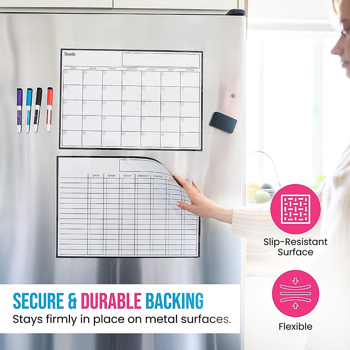 Magnetic Dry Erase Calendar and Chores Chart Bundle for Fridge: 2 Boards Included 17x12" - 6 Fine Tip Markers and Large Eraser with Magnets | Magnetic Chore Chart - Chore Board for Kids and Adults