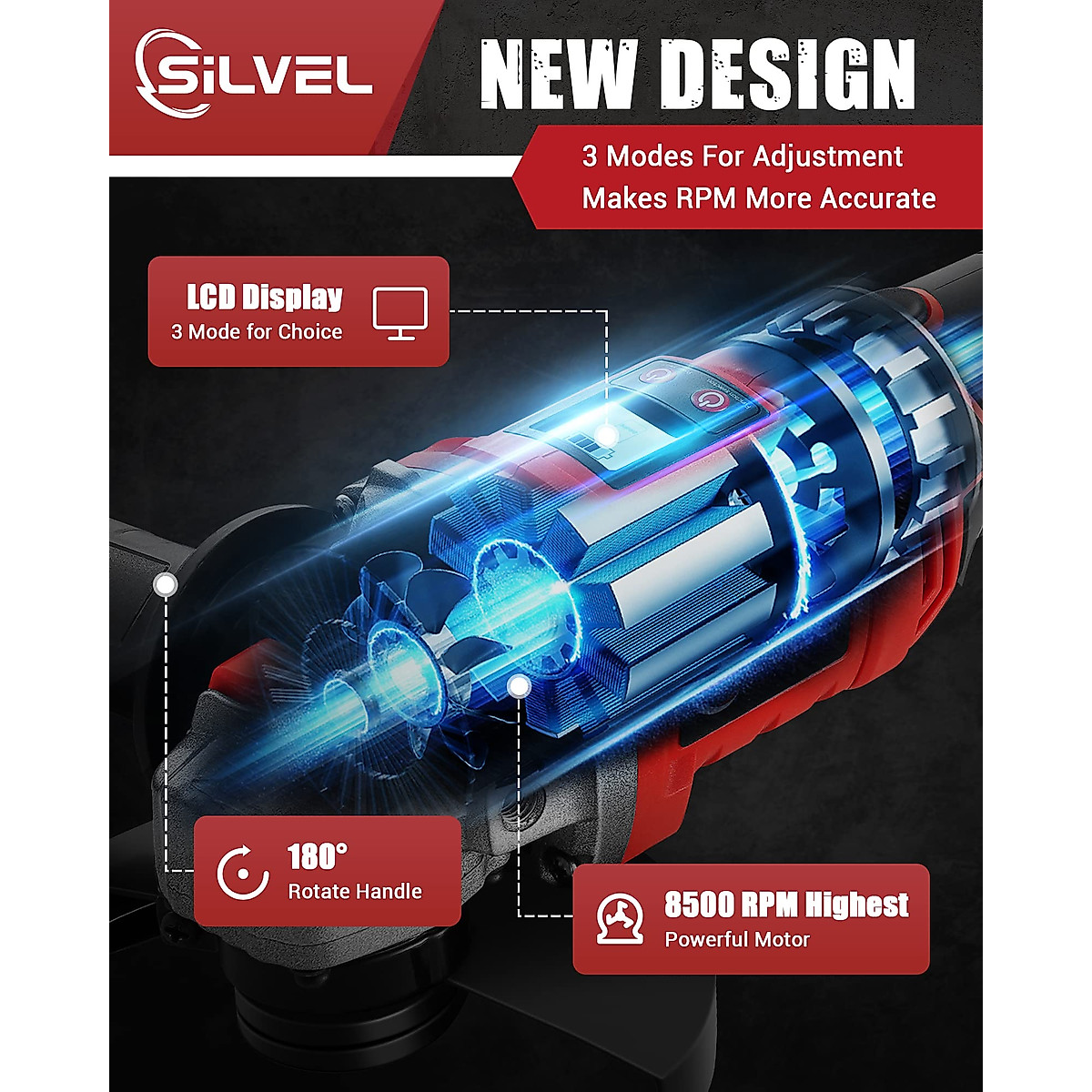 SILVEL Cordless Angle Grinder, 21V Cordless Grinders Tools with 3.0Ah Lithium-Ion Battery, Charger, 2 Position Handle, 4-1/2inch with 8500RPM Brushless Motor Cordless Grinder for Metal, Wood