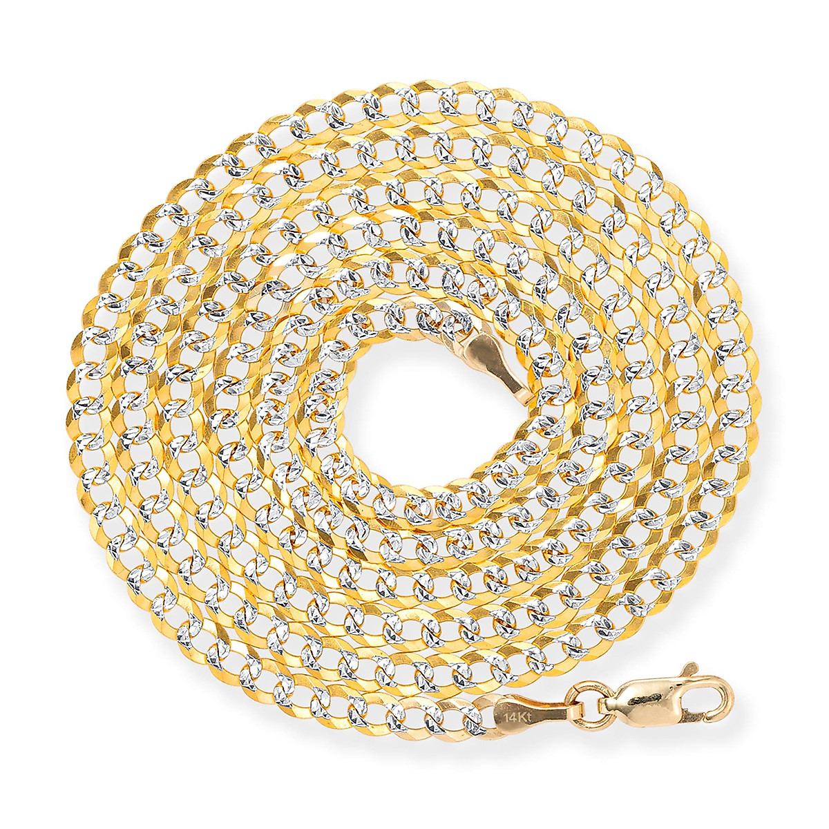 Nuragold 14k Yellow Gold Solid 4mm Cuban Chain Curb Link Diamond Cut Pave Two Tone Pendant Necklace, Mens Womens Jewelry 16" 18" 20" 22" 24" 26" 28" 30"