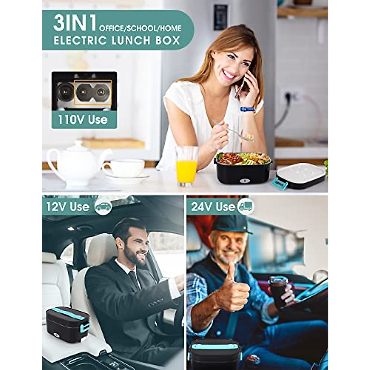 Xflyee 75W Electric Lunch Box Food Heater, 12V/110V Upgraded Leakproof Heating Lunch Box for Work/Car/Truck/Office with 1.5L Removable Stainless Steel Container, Fork & Spoon and Insulated Carry Bag