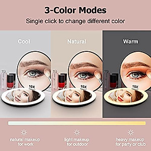 LED Lighted Travel Makeup Mirror, Rechargeable Large 5" 1x/10x Magnifying- Medical Grade LED, 3 Colors Settings & Brightness Adjustable- Portable, Touch Screen Compact Mirror w/Brighter Light (Black)