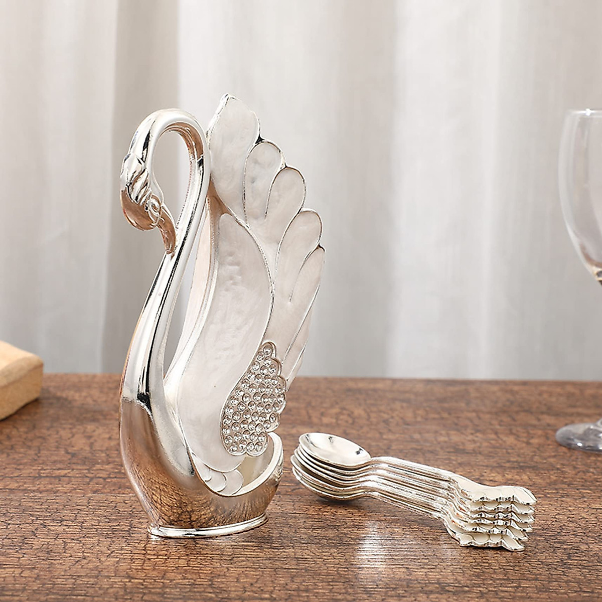 STIVEMIAO Coffee Spoon Holder Decorative Swan Base Holder with 6 Dessert Spoons Set Metal Swan Base Holder Spoon Organizer Flatware Silver Spoons