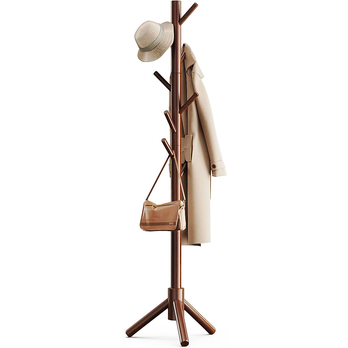 Pipishell Coat Rack, Wooden Coat Rack Stand with 3 Height Options and 8 Hooks, Sturdy Freestanding Coat Rack for Clothes/Bags/Hats, Coat Rack for Home/Office/Entryway/Hallway, PIWCR01, Brown