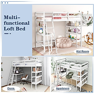 KOMFOTT Twin Loft Bed with Desk & Storage Shelves, Wood Loft Bed Frame for Kids Teens with Bookcase, Ladder, Guardrail, No Box Spring Needed, Space-Saving Loft Bed for Dorm, Apartment