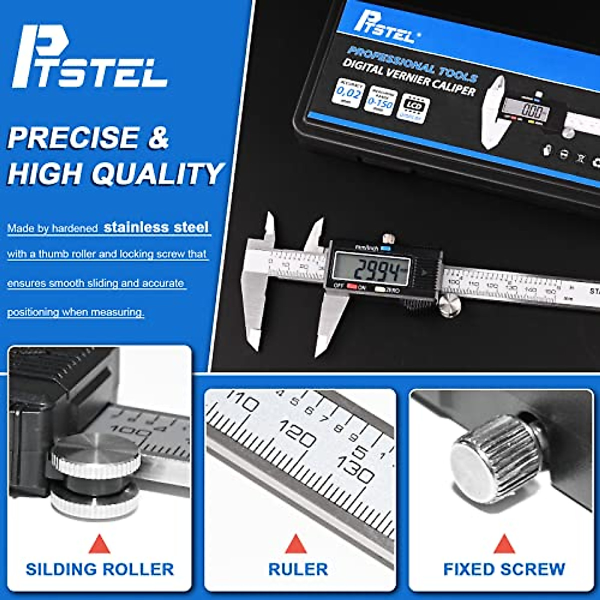 PTSTEL Digital Caliper, 6 Inch Electronic Digital Caliper Measuring Tool Accuracy with Large LCD Screen, Auto-Off Feature, Inch and Millimeter Conversion Stainless Steel Calipers for DIY/Household
