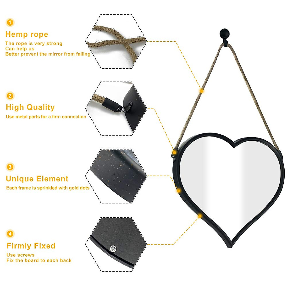 Urban Deco 3 Pieces Heart Shaped Mirror for Wall, Hanging Black Glass Mirror Sets Decoration for Bedroom Living Room Bathroom