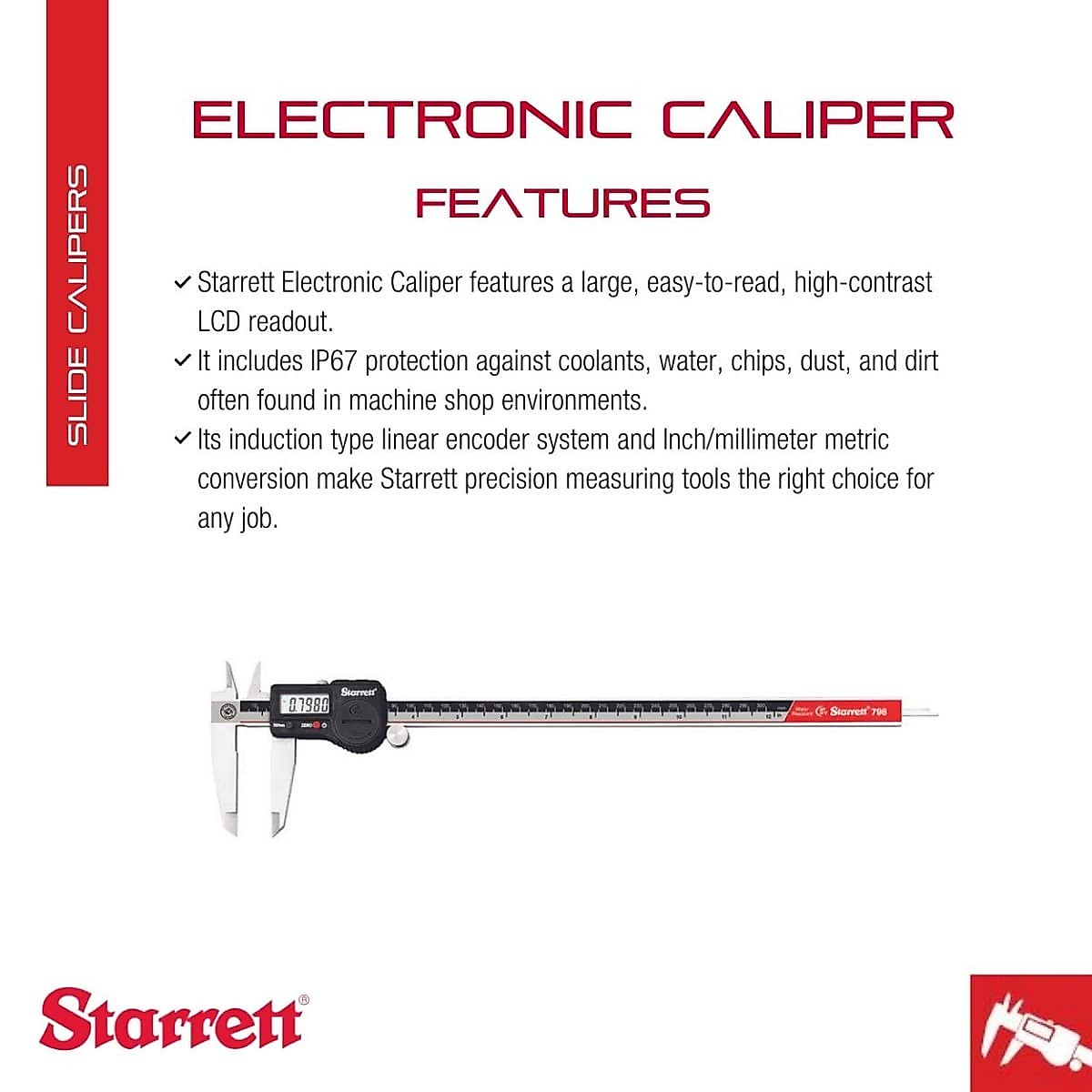Starrett Stainless Steel IP67 Electronic Slide Caliper - 0-12" Range, .0005" Resolution, LCD Display, RS232 Output, Fine Adjustment, Slide Lock, in/mm Conversion - 798B-12/300