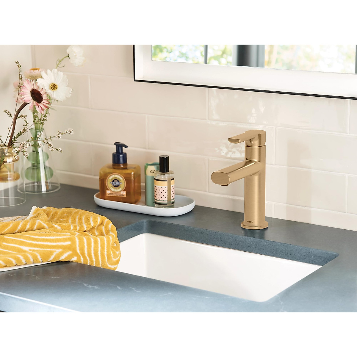 Moen Meena Bronzed Gold One-Handle Single Hole Modern Bathroom Sink Faucet with Optional Deckplate and Drain Assembly, 84794BZG