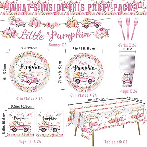 122PCS Little Pumpkin Baby Shower Decorations - A Little Pumpkin is On The Way Baby Shower Include Plates, Napkins, Cups, Forks, Tablecloth, and Banner for Girl Pumpkin Baby Shower, Serves 24