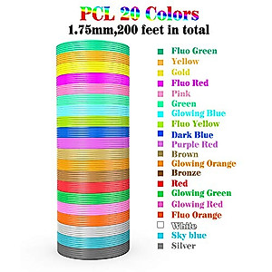 3D Printing Pen PCL Filament Refills 1.75mm, Pack of 20 Colors, Low Melting Temp of 70℃, High-Precision Diameter, Non-Toxic Non-Clogging(200 FT)（not Included 3D Pen）