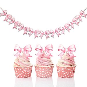 Pink Bow Garland+24Pcs Bow Cupcake Toppers,Bow Banner, Shower Decor,Pink Welcome Baby,Dessert Table Bunting,Coquette Theme Decorations,Double Sided