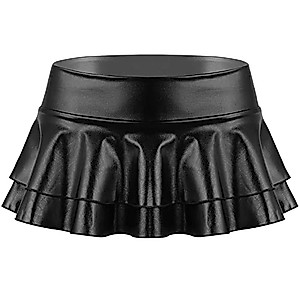 Yevin Latex Metallic Skirt for Women Sexy Pleated Mini Skater Skirt (Black)