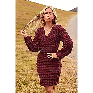 PRETTYGARDEN Women's Fall Mini Bodycon Dress Long Puff Sleeve V Neck Fitted Party Club Dresses (Wine Red,X-Large)