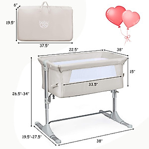 HONEY JOY Baby Bedside Crib, Newborn Bassinet Bedside Sleeper, Adjustable Height & Angle, Detachable &Washable Mattress, Breathable Mesh, Straps, Portable Travel Bed Side Bassinet for Infants(Beige)