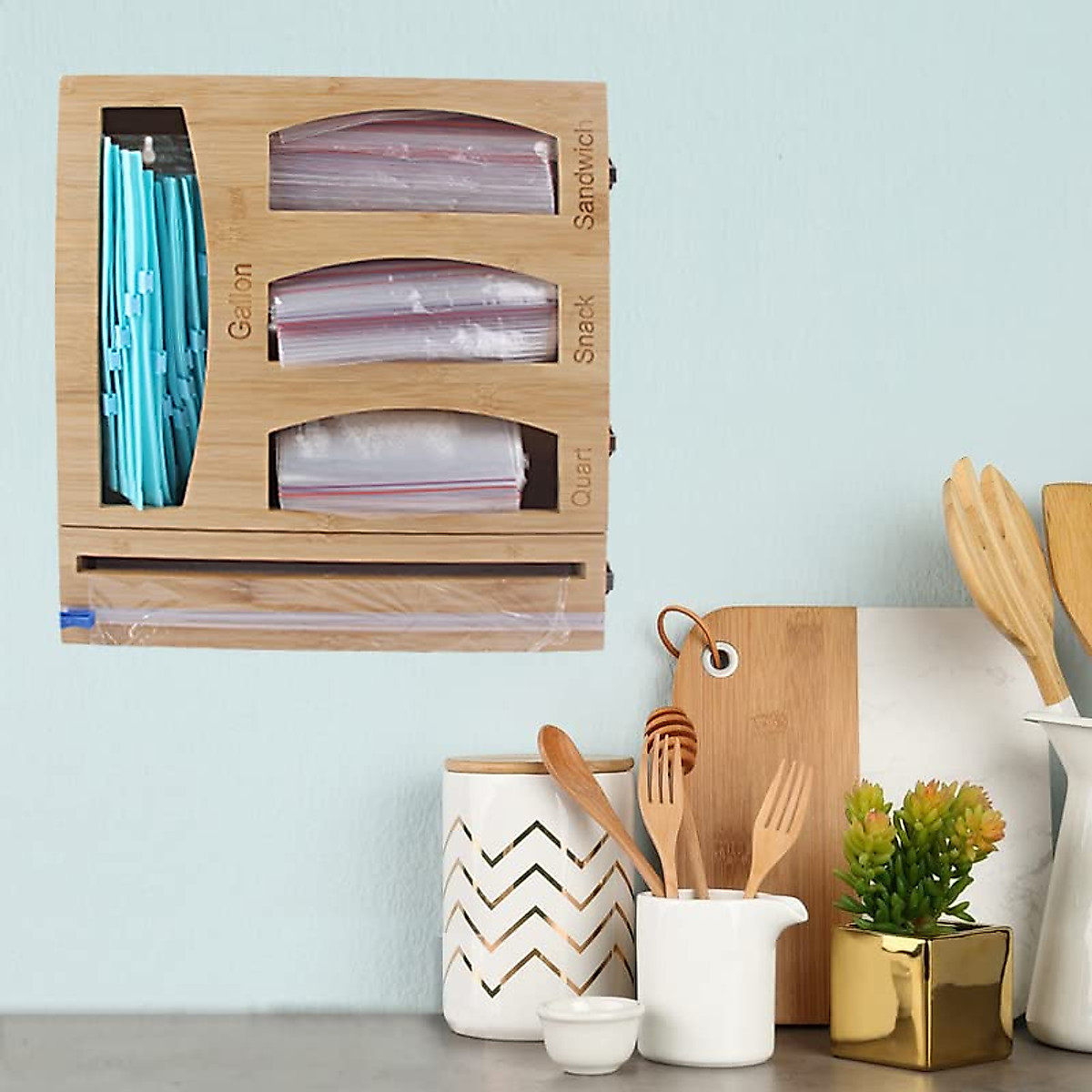 Plastic Bag Storage Organizer Bamboo - 5 in 1 Wrap Dispenser with Cutter, Suitable for Gallon, Quart, Sandwich & Snack Bag, Cling Film, Aluminum Foil etc; Compatible with 12" Kitchen Rolls