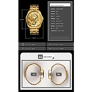 Men Boy Luxury Gold Chinese Dragon Carved Dial Diamond Quartz Watch Casual Waterproof Sport Stainless Steel Wristwatch (Gold Blue)