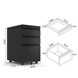GREATMEET 3 Drawer Mobile File Cabinet,Metal Filing Cabinet with Lock,Under Desk Drawer for A4/ Legal/Letter Size,Fully Assembled, Black