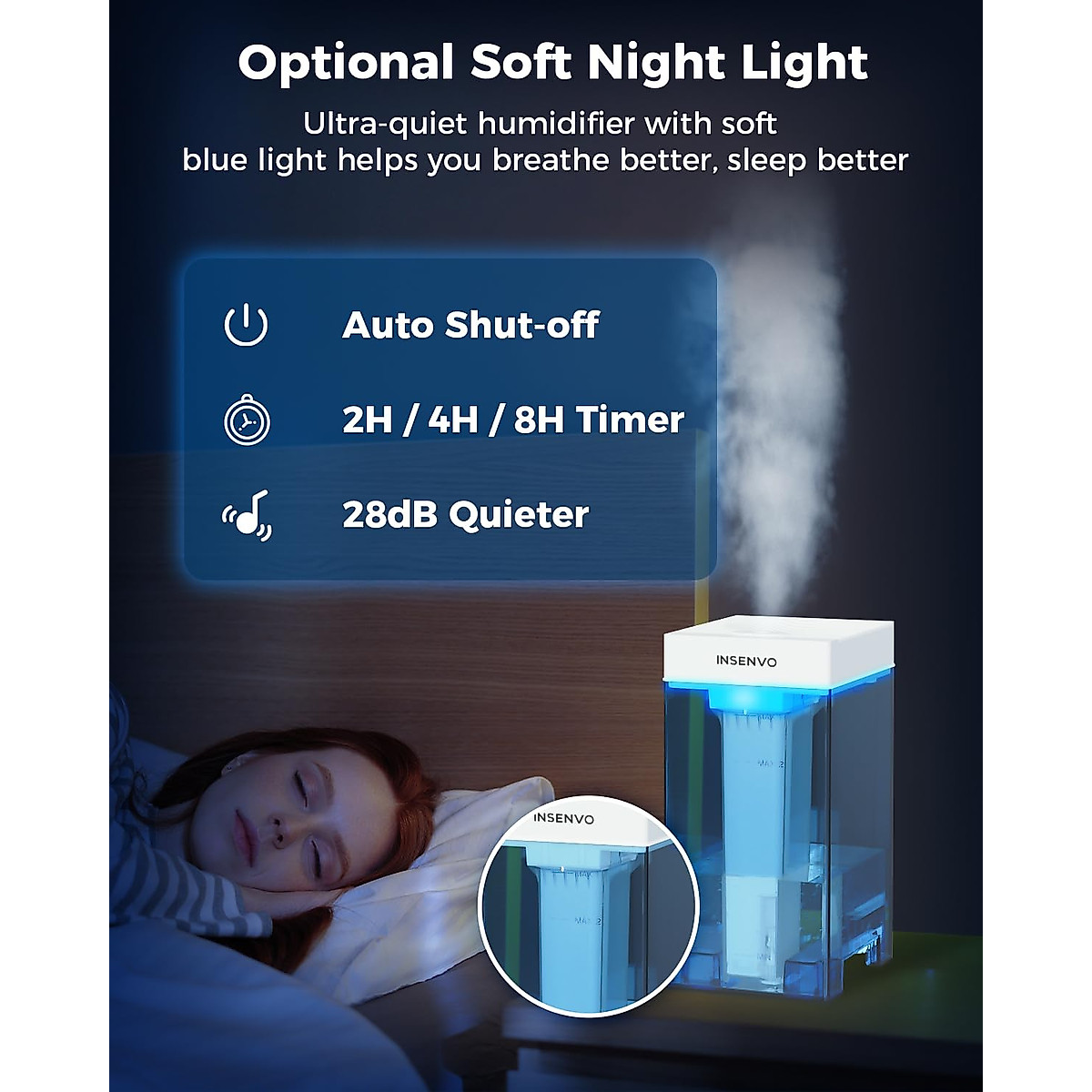INSENVO Humidifier for bedroom, 5L Top Fill Humidifier with Touch Control, Ultrasonic Adjustable 3 Mist Outputs, 3 Timers, Auto Shut-off Air Humidifier for Bedroom, Living Room, Office, Pets, Plants