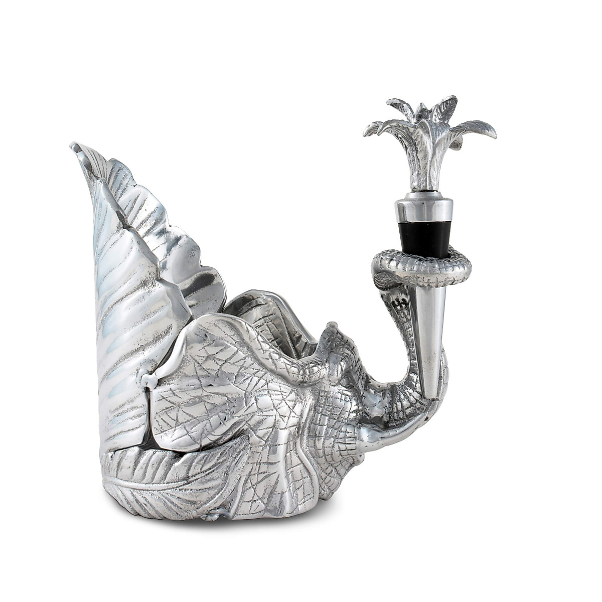 Arthur Court Aluminum Metal Elephant Wine Coaster and Stopper Set Sand casted Artisan Metal 4.5 inch Diameter Coaster 7 inch Tall