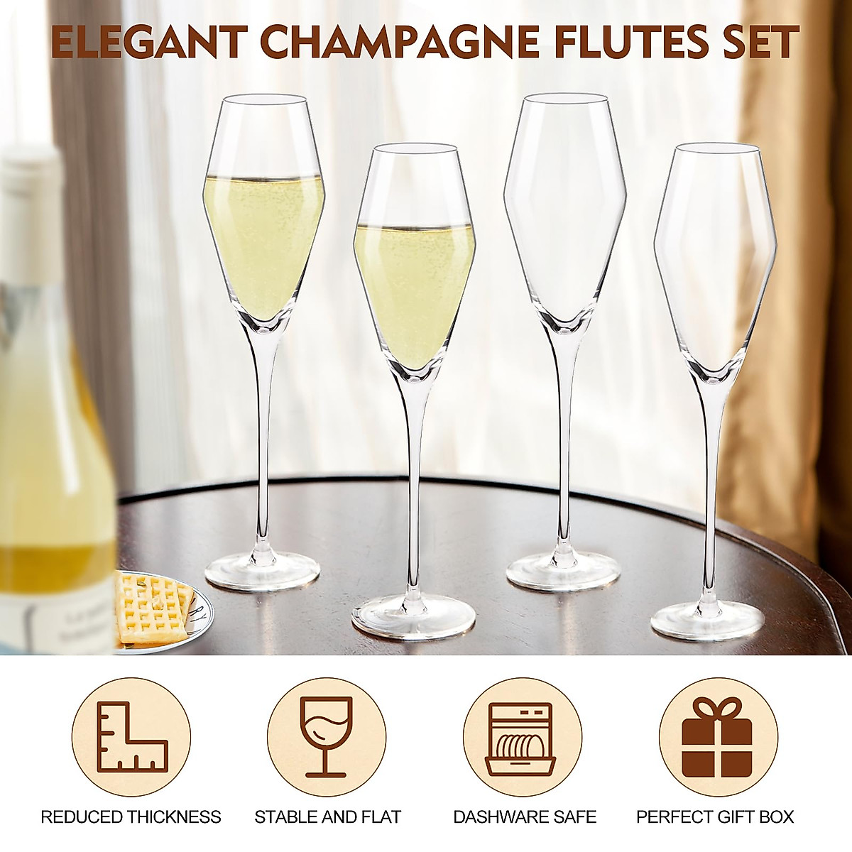 Yaschmo Champagne Flutes Glasses Set of 4, 8.4 oz Hand Blown Crystal Wedding Flutes Glasses, Elegant Tulip Glasses - Ideal Gift for Wedding, Anniversary,Christmas Day (4 Count (Pack of 1))