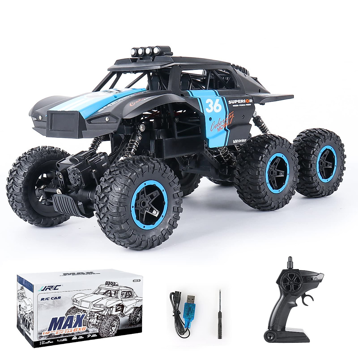 RC Car Crawler Hobby Truck 6WD 1:12 Large Scale Remote Control Car Off Road Climbing Vehicle Toy with Big LED Light Super Powerful Monster Truck, All Terrains Remote Control Car for Kids Adults
