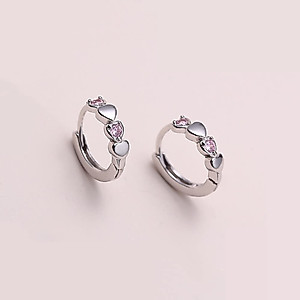 Double Love Heart Cubic Zirconia Small Hoop Earrings for Women Girls 925 Sterling Silver Hypoallergenic Pink CZ Huggie Hoops Cartilage Dainty Jewelry Gifts