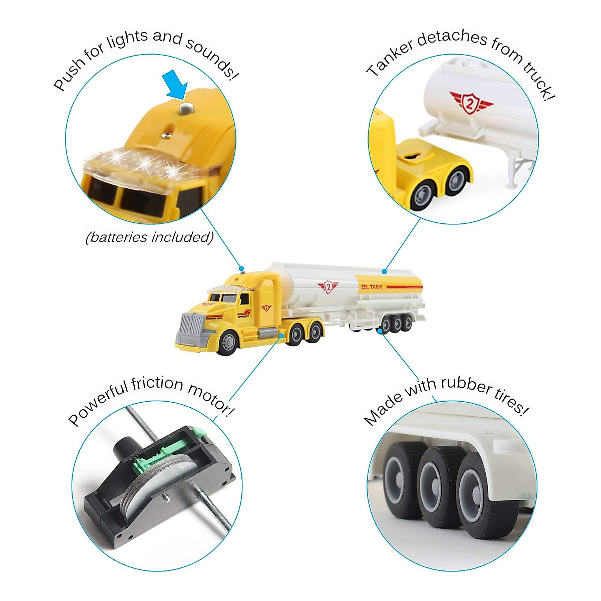 Vokodo Toy Semi Truck Fuel Trailer 14.5" Friction Powered with Lights and Sound Kids Push and Go Big Rig Oil Carrier Vehicle Transporter Semi-Truck Pretend Play Car Great Gift for Children Boys Girls