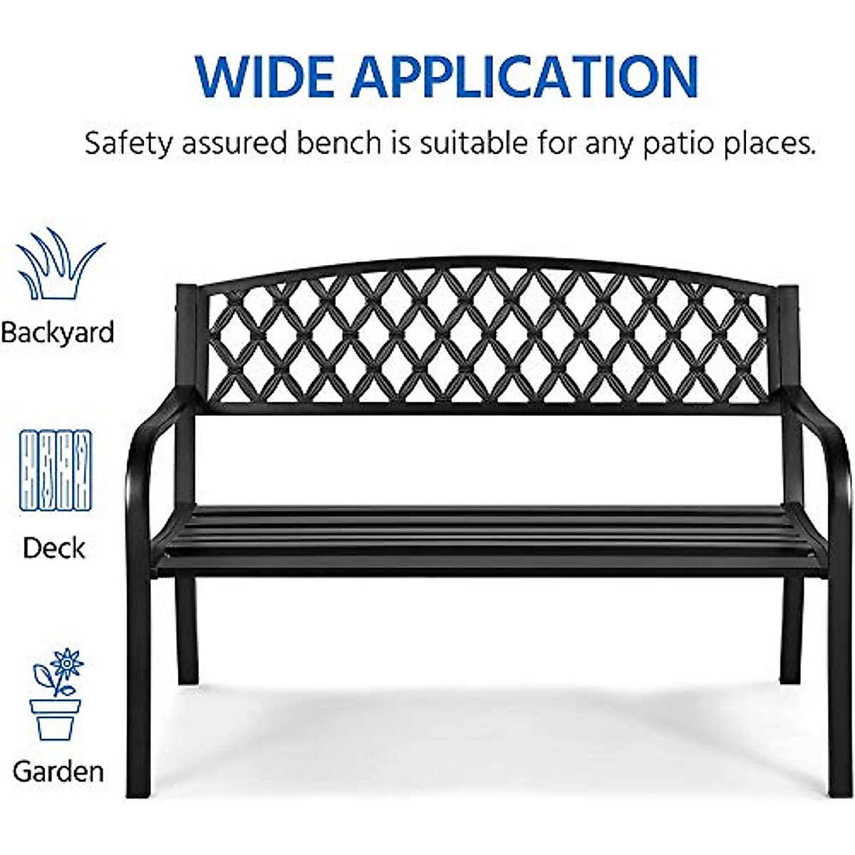Metal Garden Park Bench,50in Powder Coated Iron Steel Frame Patio Bench wCross Design Backrest & Slatted Seat,Exquisite Grid Embellishment Patio Metal Bench for Front Porch Yard Lawn Deck,Black