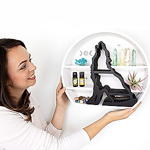 WONDERMAR Wolf Shelf For Crystals - Crescent Moon Shelf For Rocks, Oils, Plants - Crystal Shelf Display For Wall Decor or Tabletop - Floating Moon Shelves For Cabins, Boho, Rustic, Farmhouse - (White)