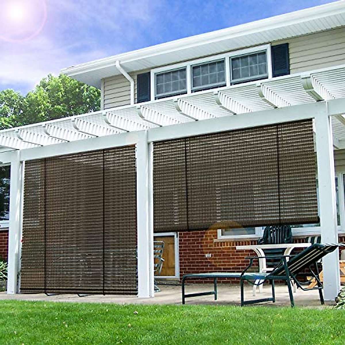 E&K Sunrise 5'W x 6'H Roll Up Shade Outdoor Hollow Out Roller Shade Blind Sun Shade for Patio Porch Backyard Gazebo Deck Pergola (Brown)