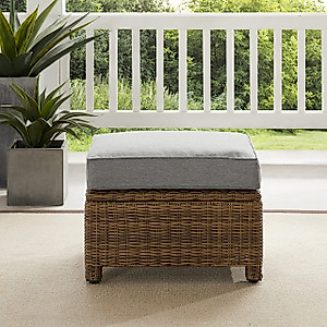Crosley Furniture Bradenton Wicker Outdoor Ottoman Foot Rest for Patio, Deck, Porch, Brown with Gray Cushions