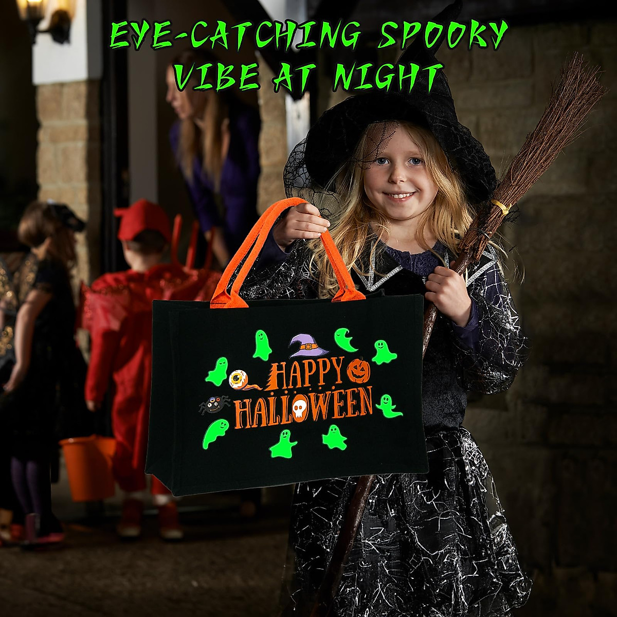 Mhtdet 2PCS Halloween Trick or Treat Bags, Glow in The Dark Halloween Candy Tote Bag with Handle, Halloween Canvas Tote Bag, Reusable Halloween Bags for Trick or Treating, Halloween Party