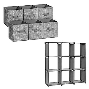 SONGMICS 9-Cube Storage Shelf and 6 Cube Bins Bundle, Open Bookshelf and Fabric Storage Boxes, Foldable Bins, Black and Gray UROB26LG and ULSN45BK