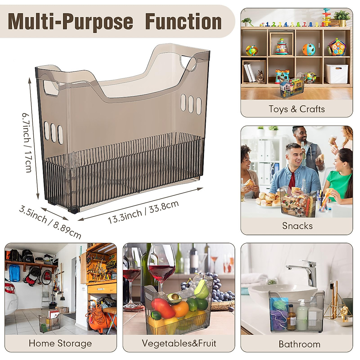 Baderke 4 Pcs Freezer Organizer Bins with Wheel Gray Plastic Narrow Storage Containers for Fruit (10 x 13.3 x 3.5'')
