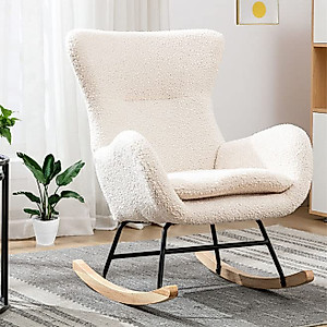 LETESA Nursery Rocking Chair Upholstered with High Backrest and Armrest Accent Chair Cozy Fabric Padded Seat Armchair Single Sofa Accent Glider Rocker for Living Room Bedroom Offices (White)