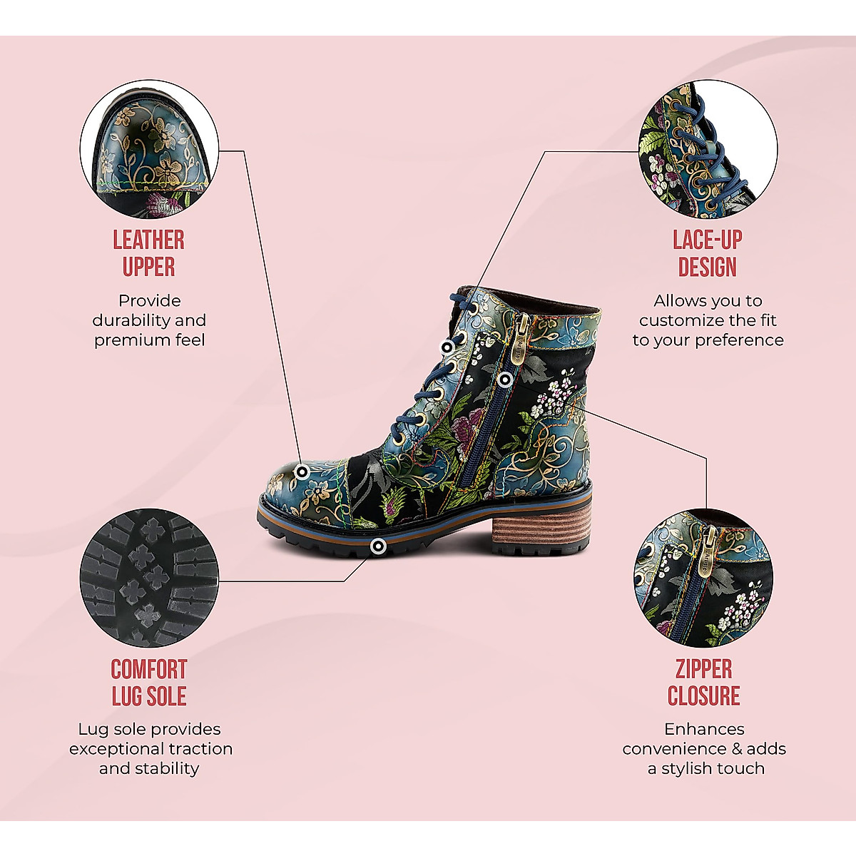 Spring Step L'Artiste Fantastic Booties for Women - Floral Hand Painted Womens Ankle Boots Low Heel - Everyday Wear Leather and Textile Western Booties Brown Multi EU 36 / US 5.5-6