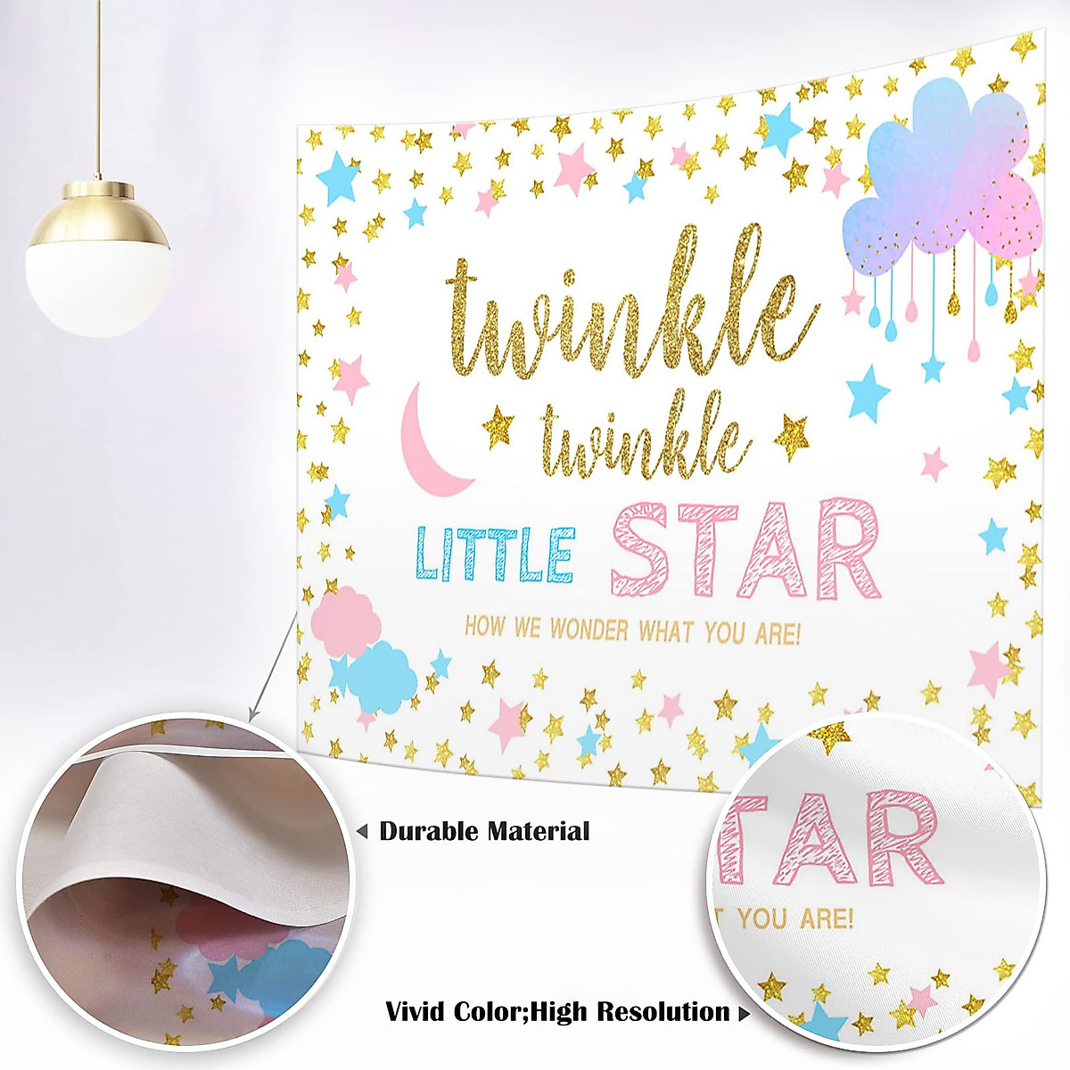 Mocsicka Twinkle Star Gender Reveal Decoration, Boy or Girl Gender Reveal Backdrop, 5x3ft Vinyl Twinkle Twinkle Little Star Banner Supplies(White,5x3ft)